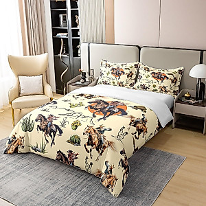 Western Adventure 100% Nature Cotton Duvet Cover Twin,Watercolor Cowboy Horse Farmhouse Style Super Soft Bedding Set,Southwest Desert Cactus Plants Comforter Cover Bedding 2 Piece (No Comforter)