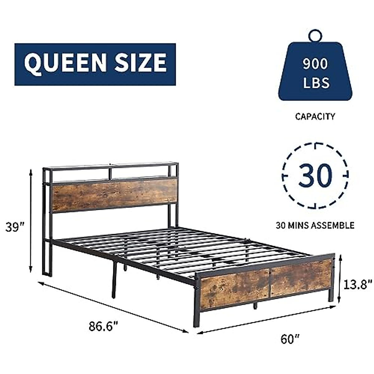 Gustonhon Industrial Queen Bed Frame with Headboard,Metal Bed Frame Queen Size with Storage Under-Bed,Mattress Foundation with LED Lights and Charging Station,2-Tier Storage Shelf (Queen)