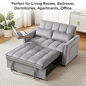 Rovibek 3 in 1 Sleeper Sofa Couch Bed Pull Out Sofa Bed Convertible Futon Loveseat Velvet 2 Seat Lounge Grey for Living Room, with Adjustable Backrest 2 Pillows Side Table