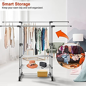KOCASO Garment Rack with Wheels Double Rod Clothes Rack Clothing Rack with Shelves Rolling Clothes Rack