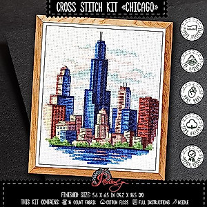 Povitrulya Counted Cross Stitch Kit for Adults “Chicago” - Chi-Town Cityscape Hand Embroidery Set with Pattern, 14-Count Aida Cloth and Pre-Sorted Cotton Threads