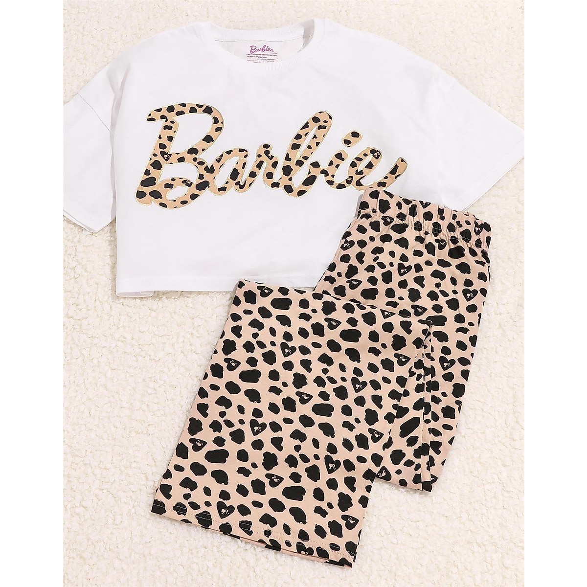 Barbie Pyjamas Womens Animal Print Logo Cropped T-Shirt Bottoms Pjs White