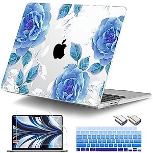 DONGKE for M3 MacBook Air 13.6 Inch Case 2025 2024-2022 A3113 A2681 M2 Touch ID, Plastic Hard Shell & Keyboard Cover & Screen Protector & Type C Adapter for MacBook Air M2 13 inch, Blue Roses