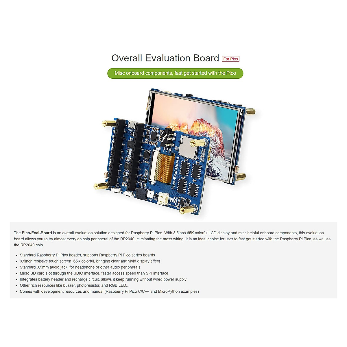Waveshare Overall Evaluation Board Designed for Raspberry Pi Pico Misc Onboard Components for Easily Evaluating The RP2040
