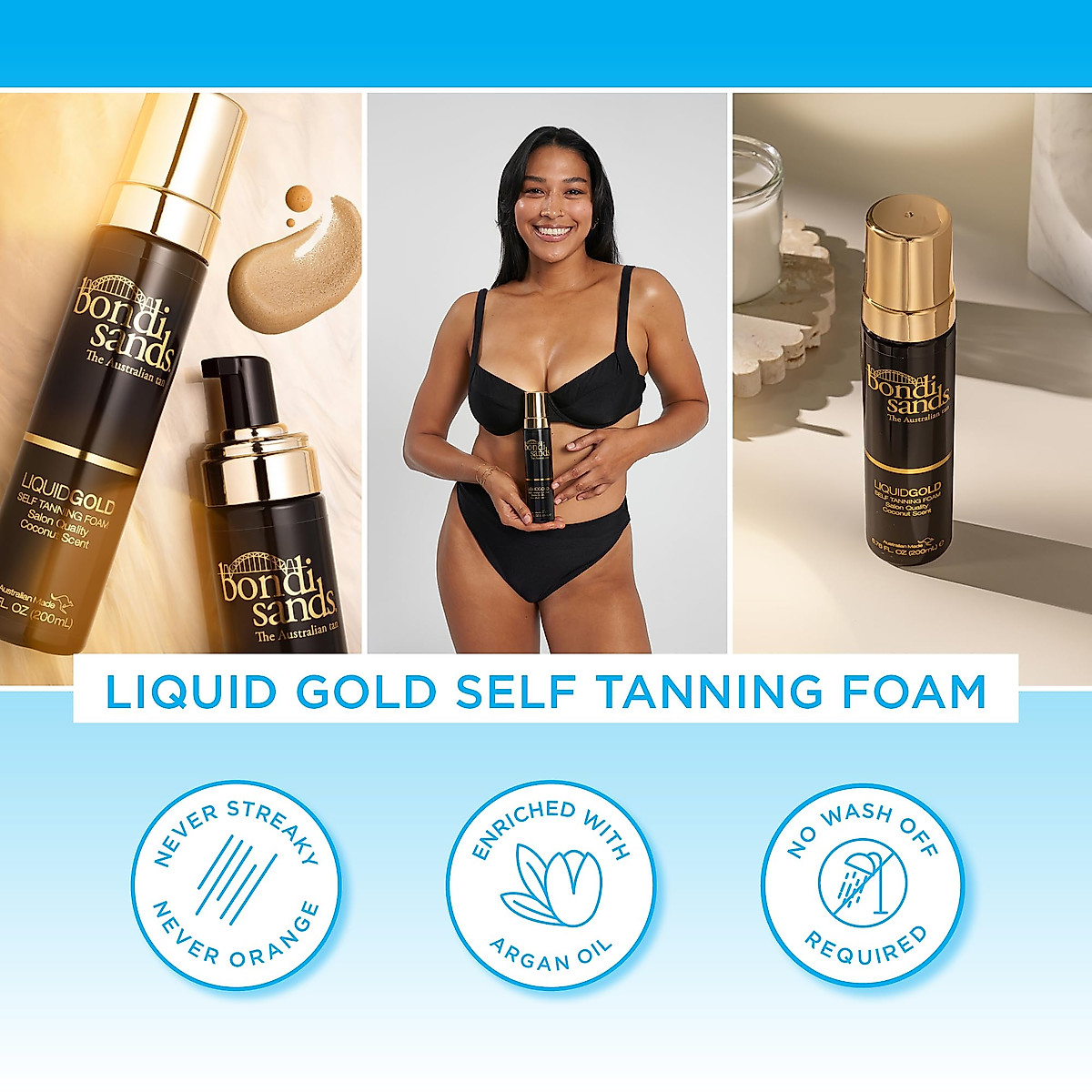 Bondi Sands Liquid Gold Self Tanning Foam | Lightweight + Quick Dry Foam Enriched with Argan Oil, Provides a Hydrated Streak-Free Tan | 6.76 Oz/200 mL