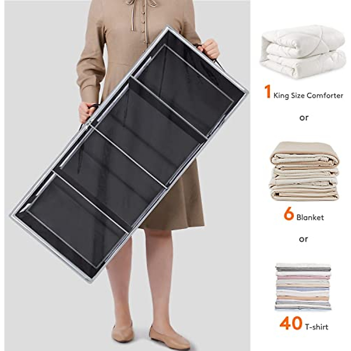 Lifewit Under Bed Clothes Organizer Large Adjustable Dividers Storage Bag with Durable Fabric, Reinforced Handle, 4 Clear Window for Clothing, Shoes, Blankets, Sweaters, Black, 2 Pack