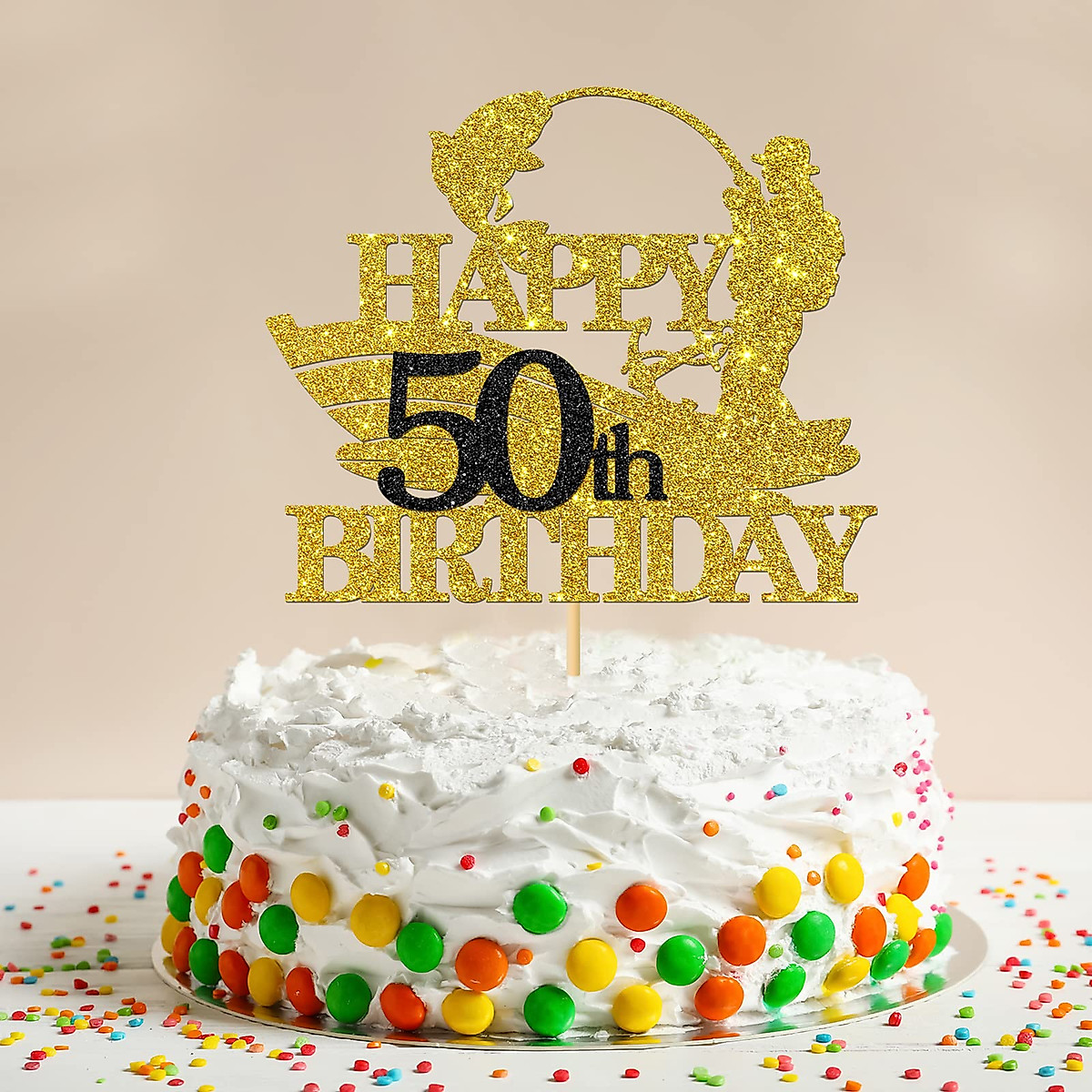 Fisherman Happy 50th Birthday Cake Topper - Fishing 50th Birthday Cake Decor Supplies - Fishing Enthusiasts 50th Birthday Party Decorations - Gold Glitter (50th)