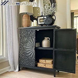 MAISON ARTS Black Accent Cabinet with Doors Distressed Storage Cabinet Farmhouse Cabinet Kitchen Bar Wine Cabinet Solid Wood Frame for Entryway Living Room Bedroom