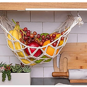 Zarami Fruit Hammock for Kitchen Under Cabinet-Macramé Fruit Hammock Basket for Bananas with 4 Hooks for Kitchen, Hanging Banana Hammock Fruit Holder, Produce Hammock, RV Fruit hammock