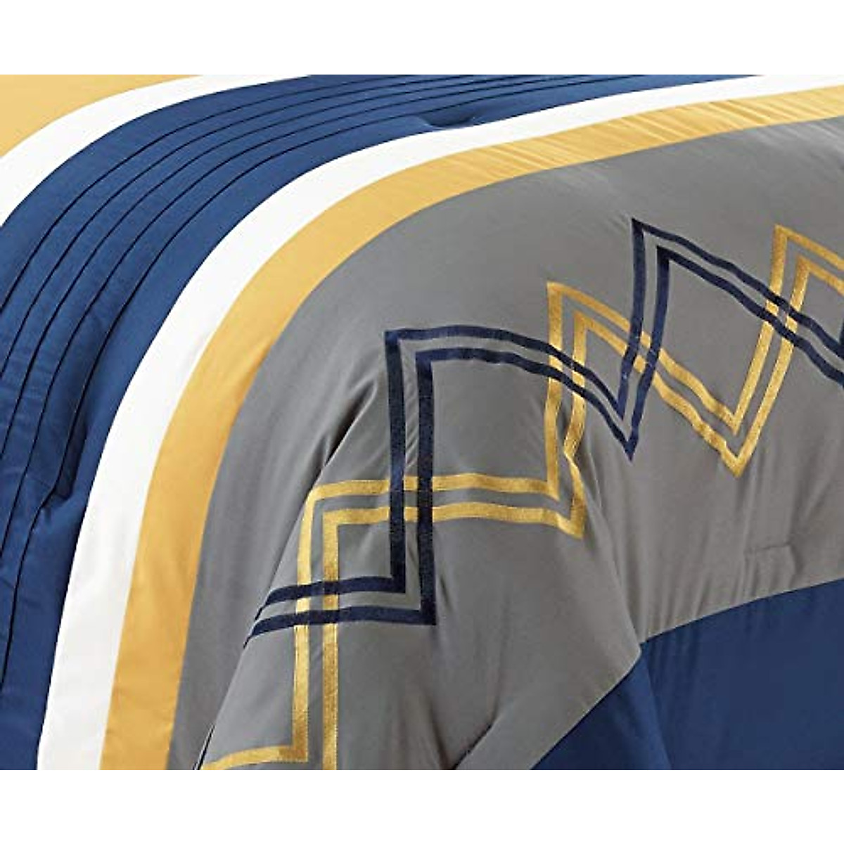Chezmoi Collection Arden 7-Piece Modern Pleated Stripe Embroidered Zigzag Bedding Comforter Set (Queen, Navy/Gray/Yellow/White)