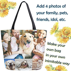 Naanle Personalized Canvas Tote Bag with Photos Customized Picture Women Casual Shoulder Bag Custom Handbag Cotton Bag Gift for 4 Photos Collage