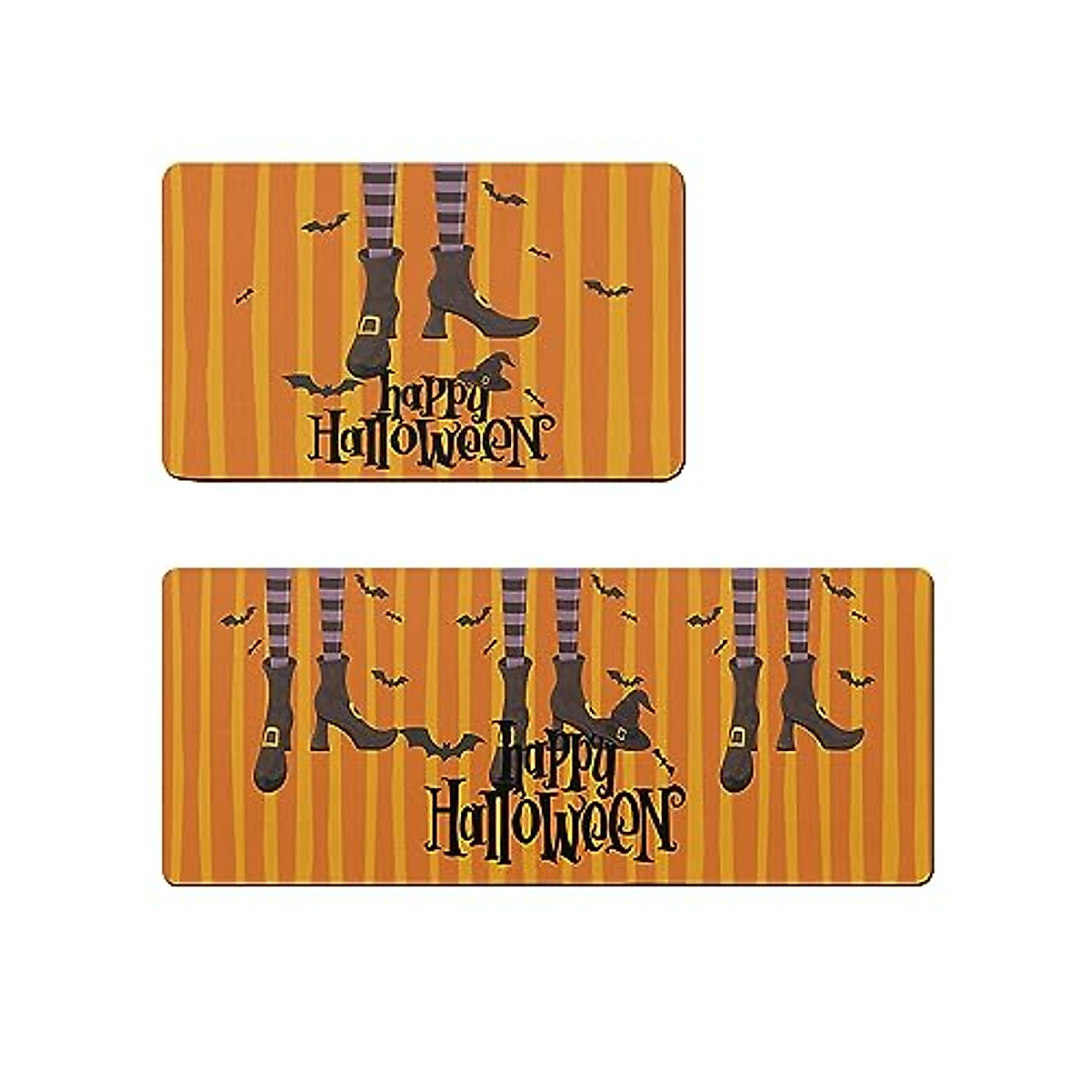 Halloween Bath Mat for Tub,Non Slip Bathroom Floor Runner Rug Quick Dry & Absorbent Diatomaceous Earth Shower Sink Kitchen Washable Doormat,Witches Boot Bats Orange Geometry Stripes 18x30+18x60