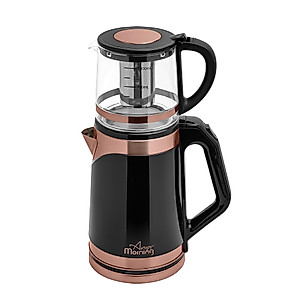Any Morning Turkish Electric Tea Maker with Auto Shut Off and Boil Dry Protection, Cordless Kettle with Teapot Set and Detachable Filter, 360 Swivel Base, 2 L, 68 oz, 1500W, Black & Copper, DE23203SX