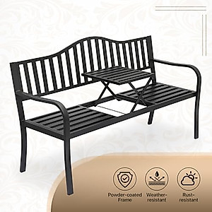 Athena Collection Patio Garden Bench with Pullout Middle Table Garden Bench with Back Metal Slatted Bench with Armrest Outdoor Bench Chair Patio Furniture for Porch, Park, Garden, Farmhouse, Black