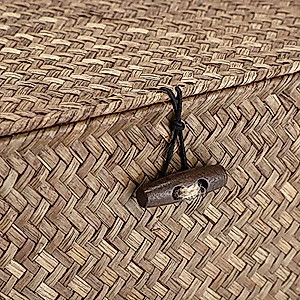 Hipiwe Wicker Shelf Baskets Bin with Lid, Handwoven Seagrass Basket Storage Bins Rectangular Household Basket Boxes for Shelf Wardrobe Home Organizer, Coffee Medium