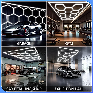 ALLYES Hexagon Ceiling LED Light - Hexagon Garage Light 552W 66240LM High Brightness, 3000K/4500K/6500K Adjustable with WiFi Smart Switch, Aluminum Hex Grids Lights for Car Dealer, Shop, Gym