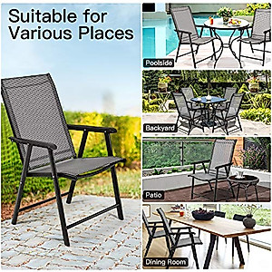 RELAX4LIFE Patio Folding Chairs Set of 4 W/Armrest,High Backrest&Metal Frame Patio Dining Chairs Set for Courtyard, Garden, Poolside Outdoor & Indoor No-Assembly Folding Sling Chairs (4, Gray)