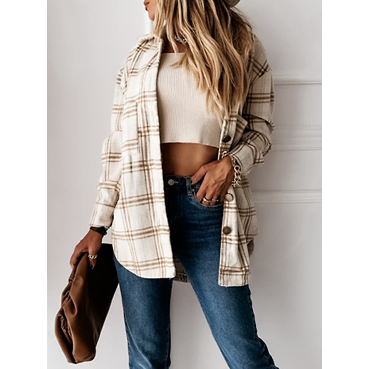 Blansdi Women’s Casual Plaid Flannel Shacket Jacket Oversized Button Down Long Sleeve Fall Shirt Jacket Coat Tops