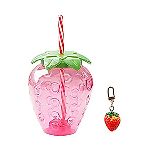 Soaoun Sippy Cup Strawberry Shaped PP Portable Water Cup Lovely with Straw Pendant Strap Fruit Pattern Drinking Bottle Cute for Home Gift