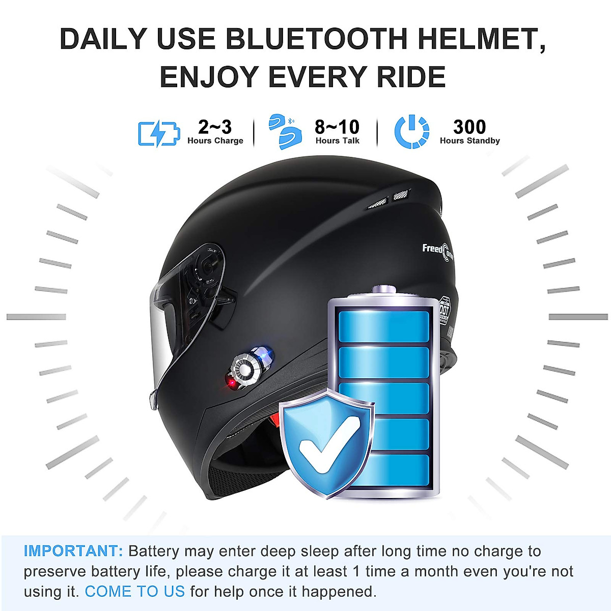 Bluetooth Integrated Motorcycle Helmet, FreedConn DOT Full Face BM12 Communication Systems Motorcycle Helmet with 500m FM Radio/ MP3, 2-3 Riders Pairing Intercom (Matte Black, XXL)