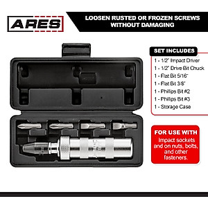 ARES 70606-1/2-Inch Manual Reversible Impact Driver - Flathead 5/16 & 3/8 and Phillips #2 & #3 Bits for Most Common Applications - Disengage Brake Caliper Screws, Rusted Fasteners or Frozen Bolts