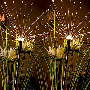 Wo garzio Solar Firework Lights, Solar Garden Lights, 120 LED Outdoor Waterproof Firefly Path Lights, Solar Decorative Light Garden Channel Decorative Insert Light, Warm White (2 Pack)