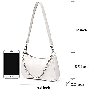 BOBOWINGS White Small Purses for Women, Mini Crocodile Pattern Leather Shoulder Bag Trendy with Silver Chain, Zipper Closure