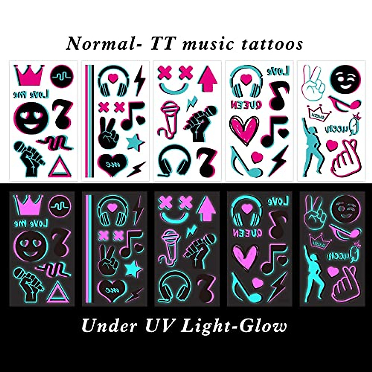 Konsait 10 Sheets Glow In The Dark Tattoos for Kids Adults, Safe and Easy to Use Neon Temporary Music Tattoos, Music Notes UV Blacklight Tattoos, Glow In The Dark Party Makeup Supplies Party Favors