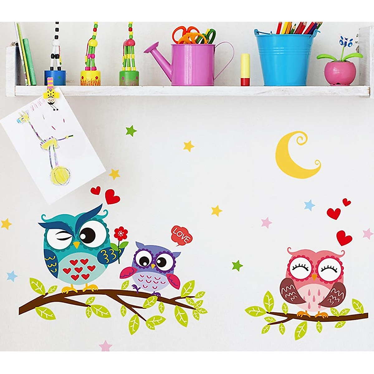 BIBITIME Night Moon Star Sky Wall Sticker Love Family Owls on The Tree Branch Wall Decal for Nursery Bedroom Kids Room Decor,25.19" x 16.92"