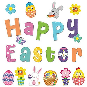 BeYumi 67Pcs Happy Easter Cutouts Bulletin Board Decoration Colorful Springtime Bunny Chick Egg Butterfly Flower DIY Cardstock Paper Cutout for Easter Themed Baby Shower Classroom School Nursery Decor