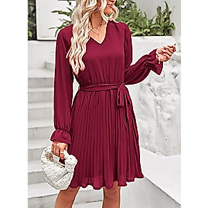 PRETTYGARDEN Women's Casual Spring Fall Dresses Long Puff Sleeve V Neck Pleated Ruffle Flowy Belted Dress (Wine Red,Medium)