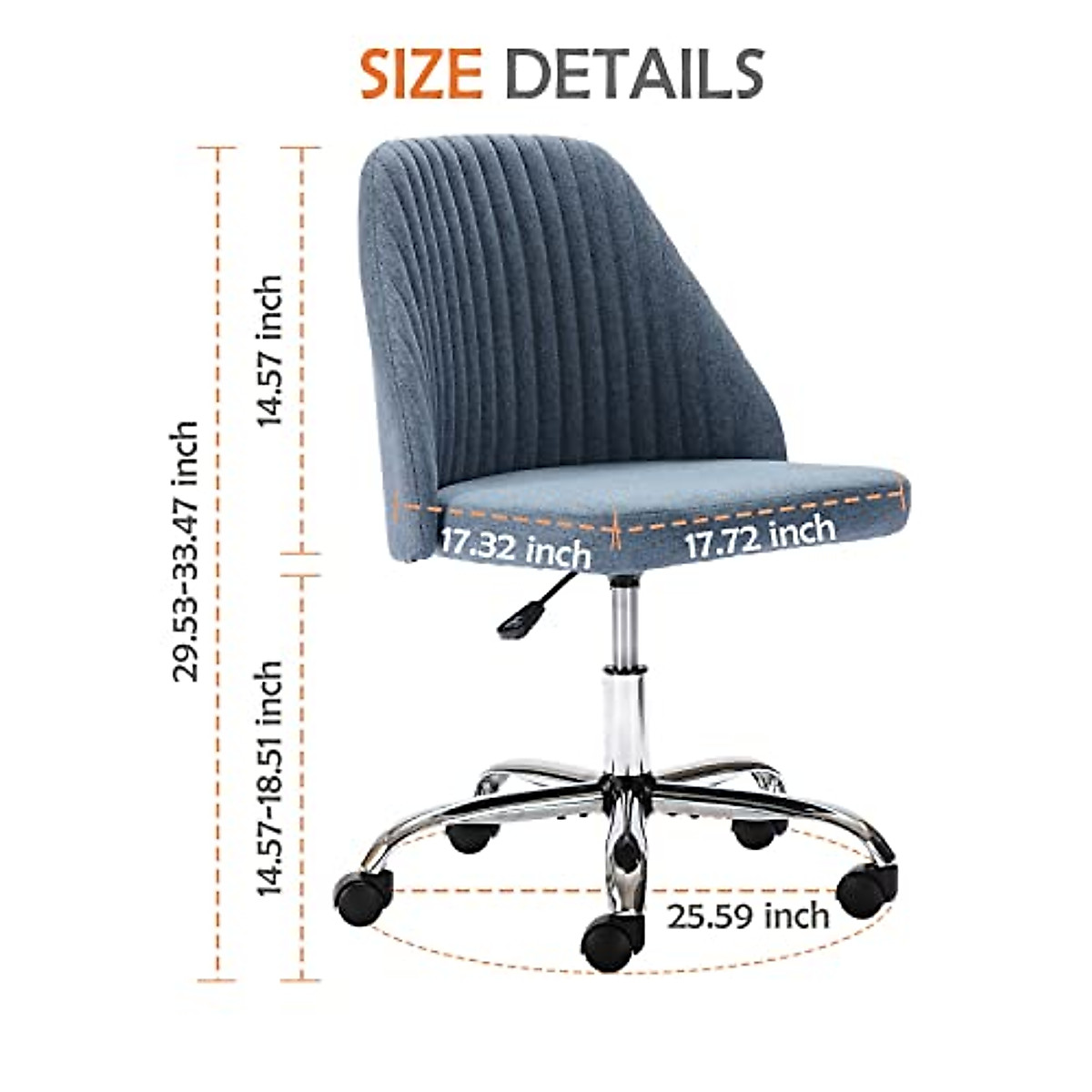 Armless Office Chair Cute Desk Chair, Modern Fabric Home Office Desk Chairs with Wheels Adjustable Swivel Task Computer Vanity Chair for Small Spaces