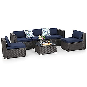 MFSTUDIO 6 Piece Patio Rattan Furniture Set Outdoor Wicker Sectional Sofa Conversation Set,Navy Blue Cushions