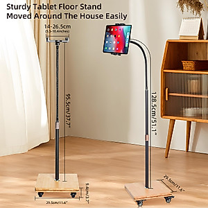 Crocqett Ipad Stand Floor with Wheels,Adjustable Height Tablet Floor Stand for Bed,Gooseneck Tablet Holder with Bamboo Base,Compatible with Kindle,Ipad pro Mini 12.9/6,Phones (4.7''-13'')
