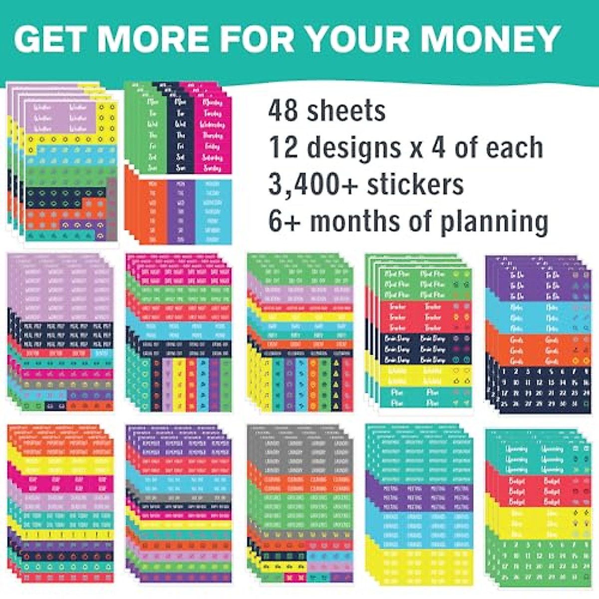 Practical Planner Stickers - Value Pack 48 Sheets, 6 Months of Aesthetic Agenda Stickers for Weekly Planner, Bullet Dot Journal - Planning, Goals, Fitness, Habit Tracking, Days