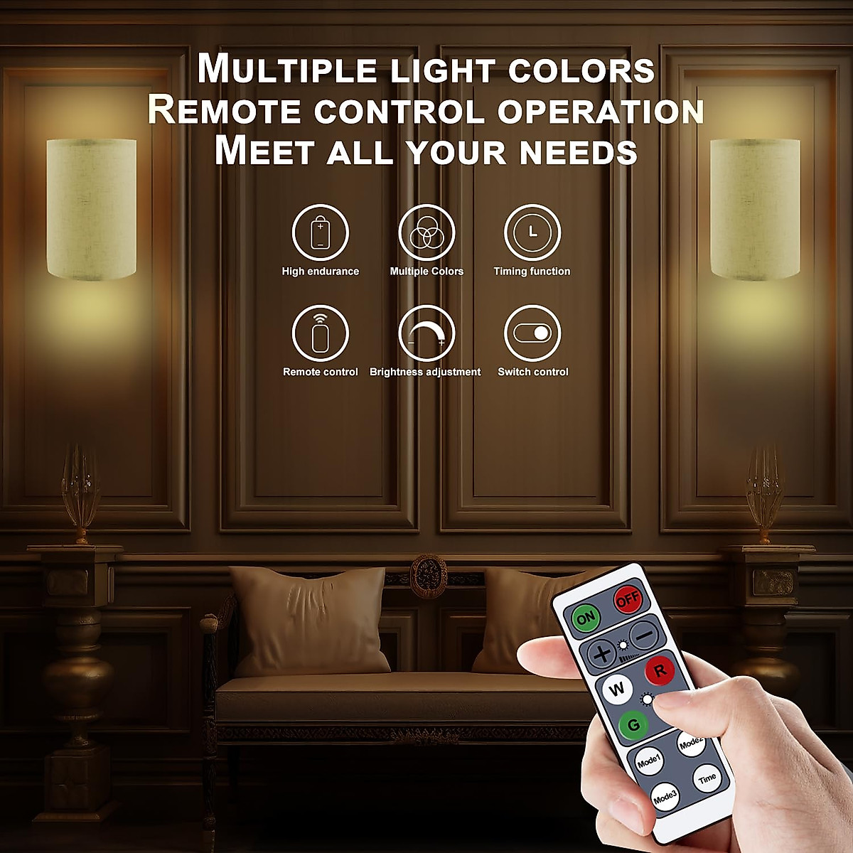 SIXDEFLY RGB Wall Sconces Set of Two,with Fabric Shade and Remote Control, Rechargeable Battery Operated Wall Sconces， for Bedroom Living Room Hallway