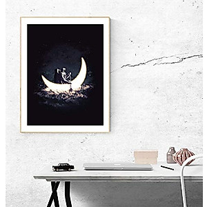 Crescent Moon and Astronaut Art Print Outer Space Rowing Boat Lunar Galaxy Celestial Stars Poster Home Decor 18 x 24 Art Print