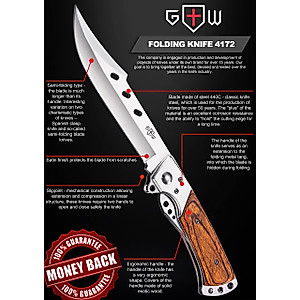 Bundle of 2 items - Grand Way Hunting Folding Knife with Rosewood Handle - Black Pocket Knife - Serrated Sharp 3,5" Blade Folding Knives - EDC Pocket Knife - Foldable Long Blade- Birthday Gifts