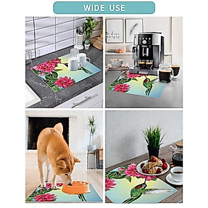 Spring Flowers and Hummingbird Coffee Mat Coffee Maker Mat,Super Absorbent Coffee Bar Accessories,Watercolor Pink Blossom Floral Non-slip Coffee Station Mat Dish Drying Pad,18x28in