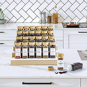 Miuyhji Spice Jars, 24 Pcs 4oz Spice Jars with Label, Glass Jars with Bamboo Lids, Spice Containers Bottles with Pepper Grinder & Stainless Steel Funnel for Seasoning Organizer, Cabinet, Drawer