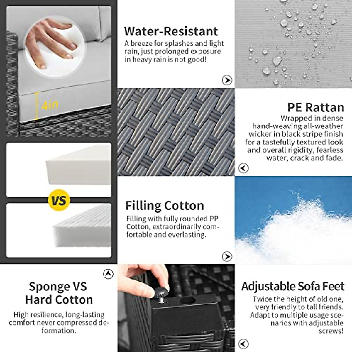 Rattaner 5-Piece Patio Furniture Sofa Set Outdoor Wicker Sectional Couch with Storage Table No-Slip Cushions Furniture Covers, Grey