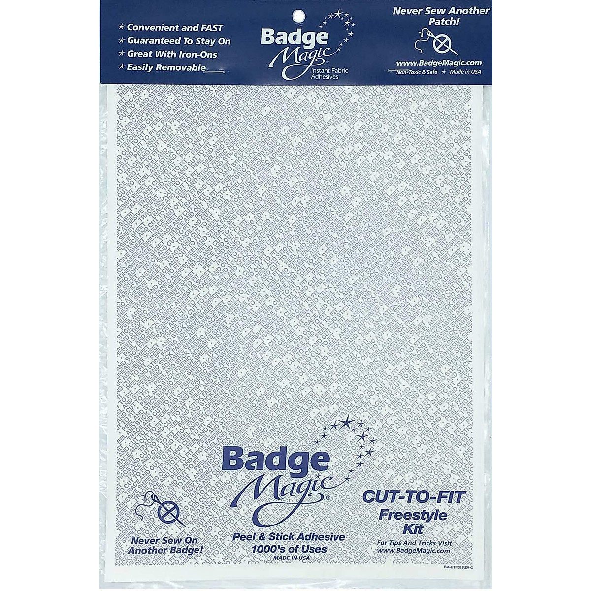 Badge Magic Cut to Fit Freestyle Double-Sided Patch Adhesive Kit (1-Pack) - No Iron Necessary - Safe Applicator of Decals on Fabric, Clothing, Hats, and Jeans