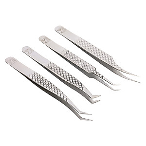 M LASH Eyelash Extension Tweezers (Set of 4) - Professional & Precision Lash Tweezers for Eyelash Extensions - Japanese Steel, Diamond Grip, Fiber Tip I-Series (Silver)