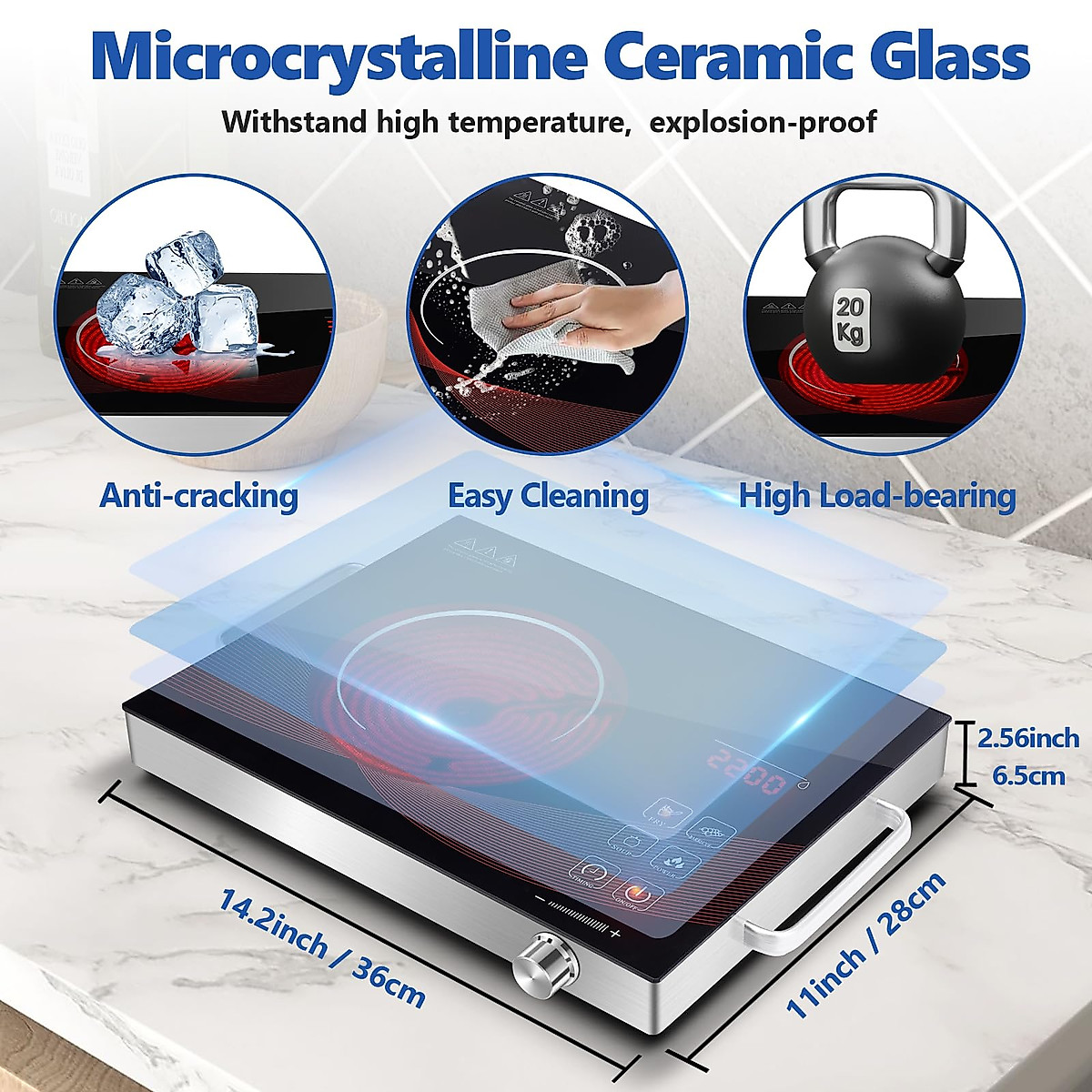 SizzleCook Infrared Hot Plates for Cooking Electric Stove Top, Portable Small Countertop Single Burner with Knob Control, 2200W Ceramic Glass Infrared Camp Stove