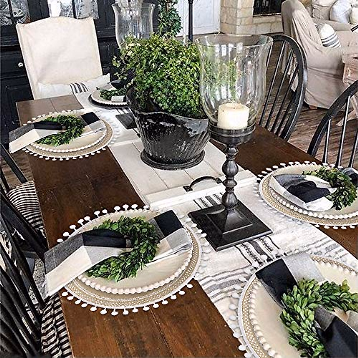 Collive Boho Round Placemat 15 Inch - Farmhouse Woven Jute Fringe Table Mats Set of 4 with Pompom Tassel Place Mat for Dining Room Kitchen Table Decor, White Tribal Folk