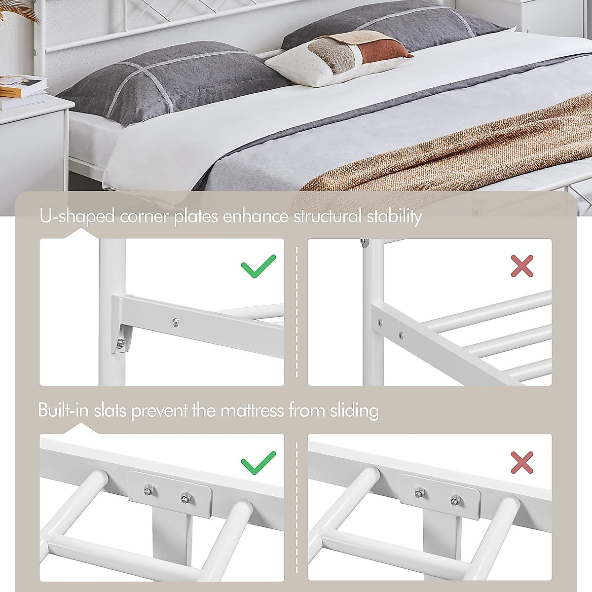 Yaheetech Metal Platform King Bed Frame Mattress Foundation with Headboard and Footboard No Box Spring Needed Under Bed Storage Steel Slats White