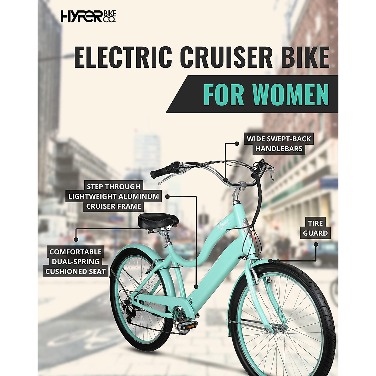 Hyper Bicycles E-Ride 26" Ladies 36V Electric Cruiser E-Bike with Pedal-Assist, 250W Motor, Turquoise