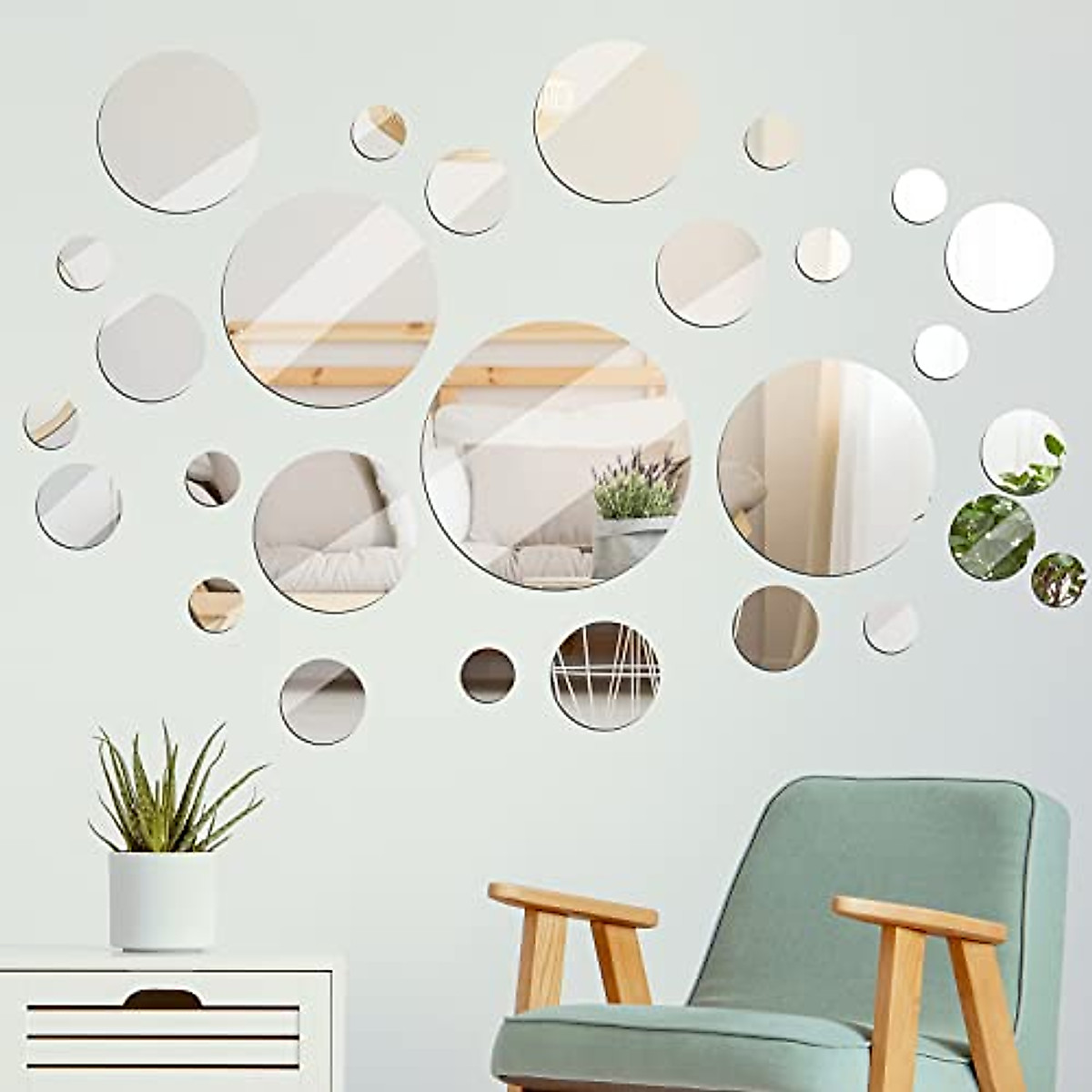 28 Pcs Real Glass Round Mirror Tiles Frameless Round Wall Mirrors Glass Mirror Tiles Round Wall-Mount Mirrors with Acrylic Double Sided Adhesive for Bedroom Bathroom Craft Decor (2/3/4/6/8/10 Inches)
