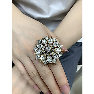 Dtja Boho Geometric CZ Flower Statement Ring for Women Gold Tone Bohemian Antique Mosaic Crystal Expandable Adjustable Open Wrap Finger Rings Comfort Fit Exaggerated Indian Bollywood Party Jewelry