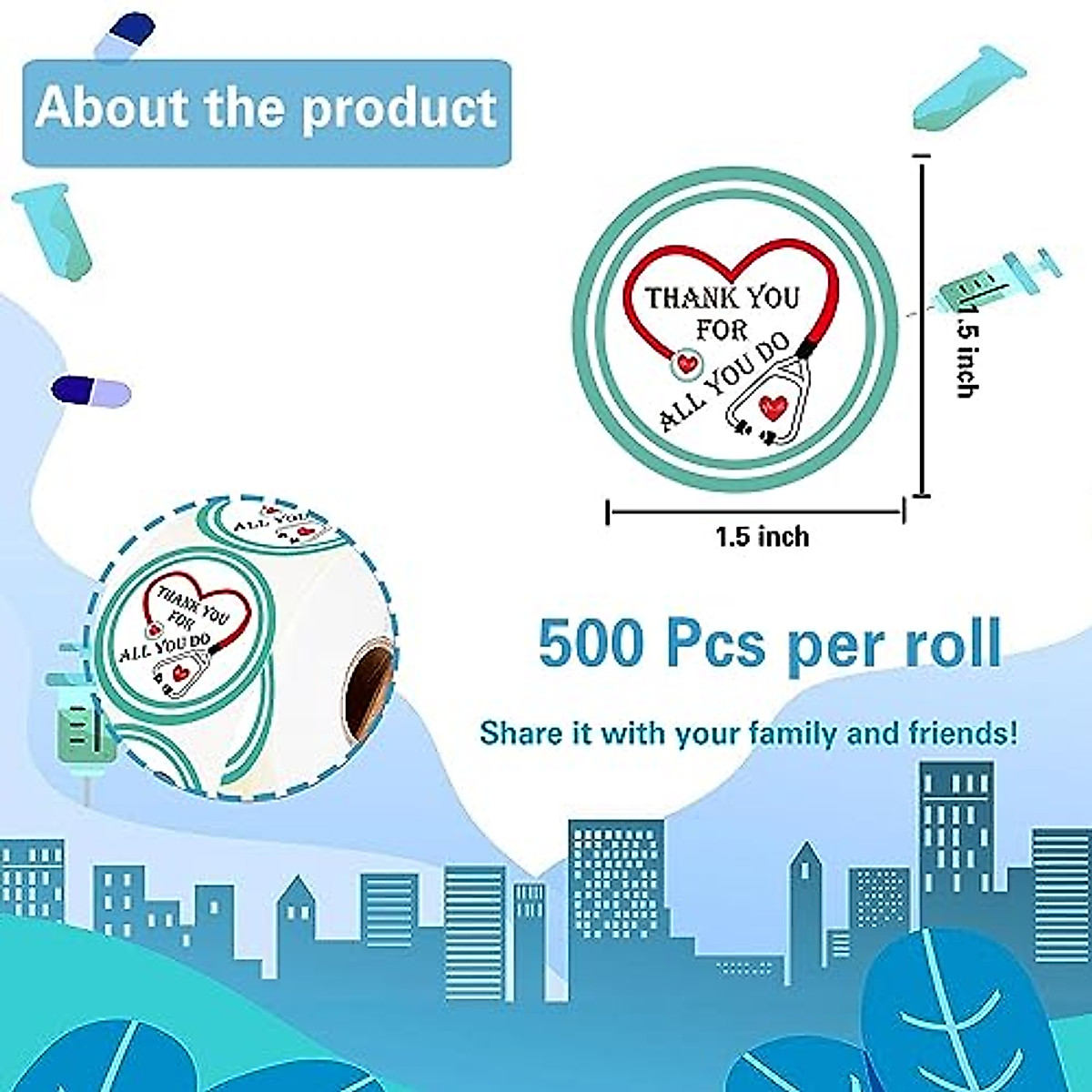 500 Healthcare Workers Thank You Stickers Thank You for All You Do for Us Labels 1.5" Nurse Essential Workers Appreciation Themed Sticker for Doctors Cards, Envelopes,Package Sealing
